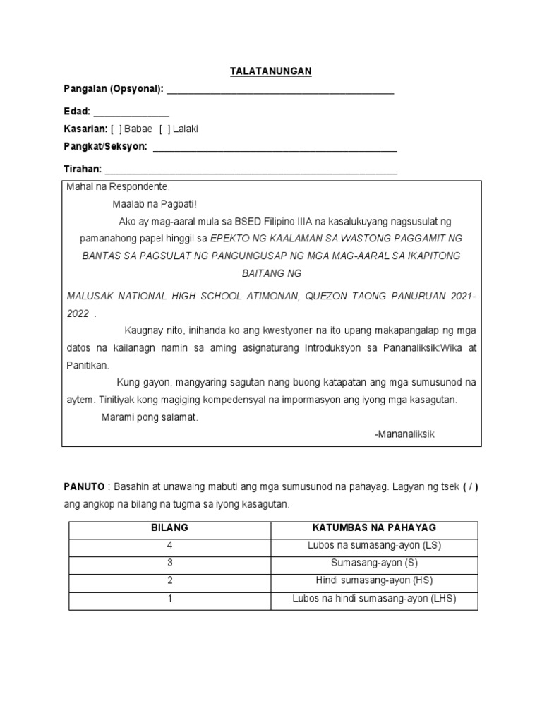 TALATANUNGAN-Halimbawa - Pananaliksik | PDF