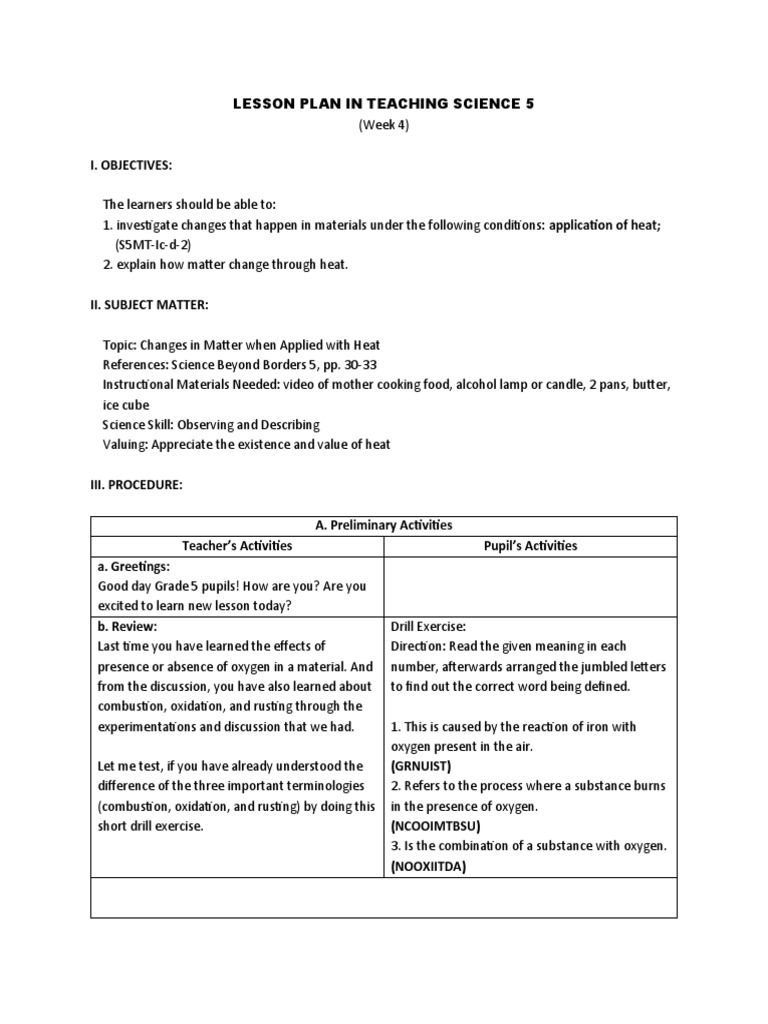 Grade 5 Science Lesson Plan: Week 4 | PDF