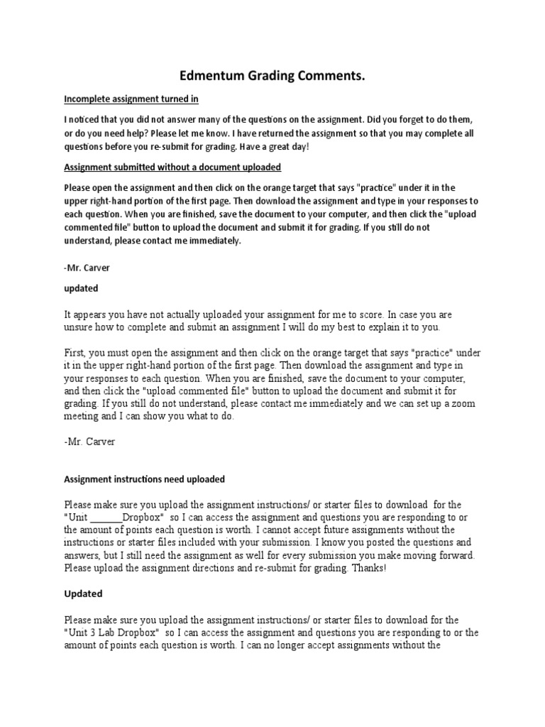 Edmentum Grading Comments Cheat Sheet | PDF