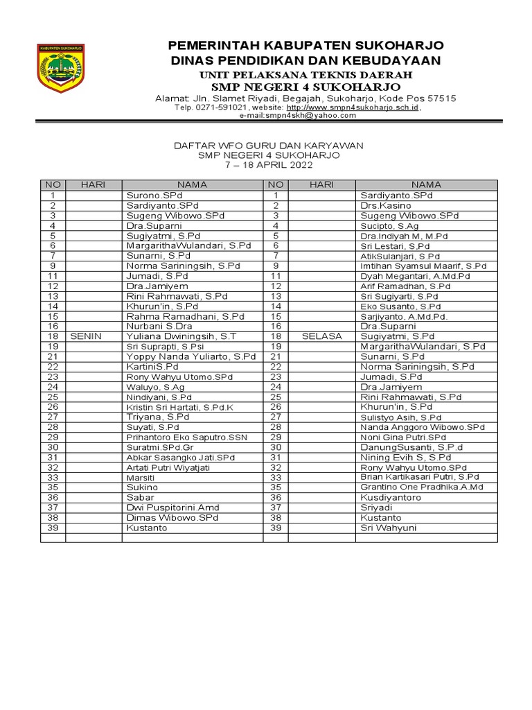 Jadwal Wfo 7-18 April 2022 | PDF