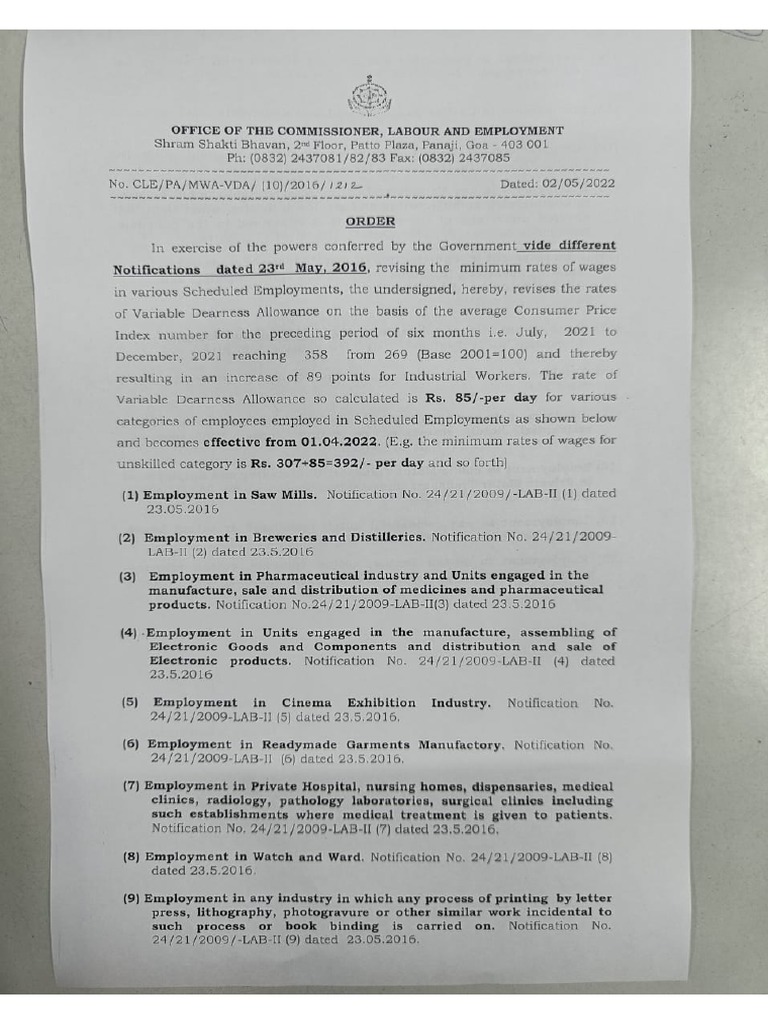 Goa Minimum Wages Notification 1st April 2022 | PDF