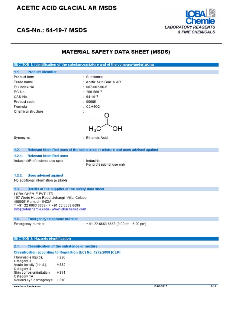 MSDS ACETIC ACID GLACIAL CASNO 64 19 00005 EN - Aspx | PDF ...