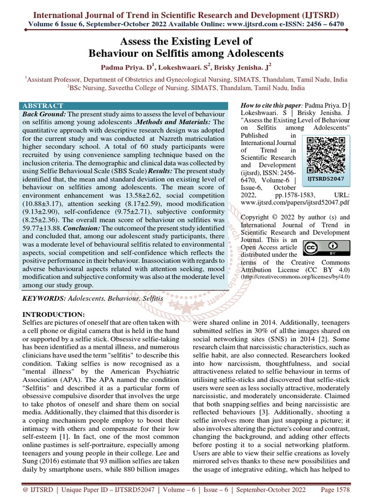 Assess The Existing Level of Behaviour On Selfitis Among Adolescents ...