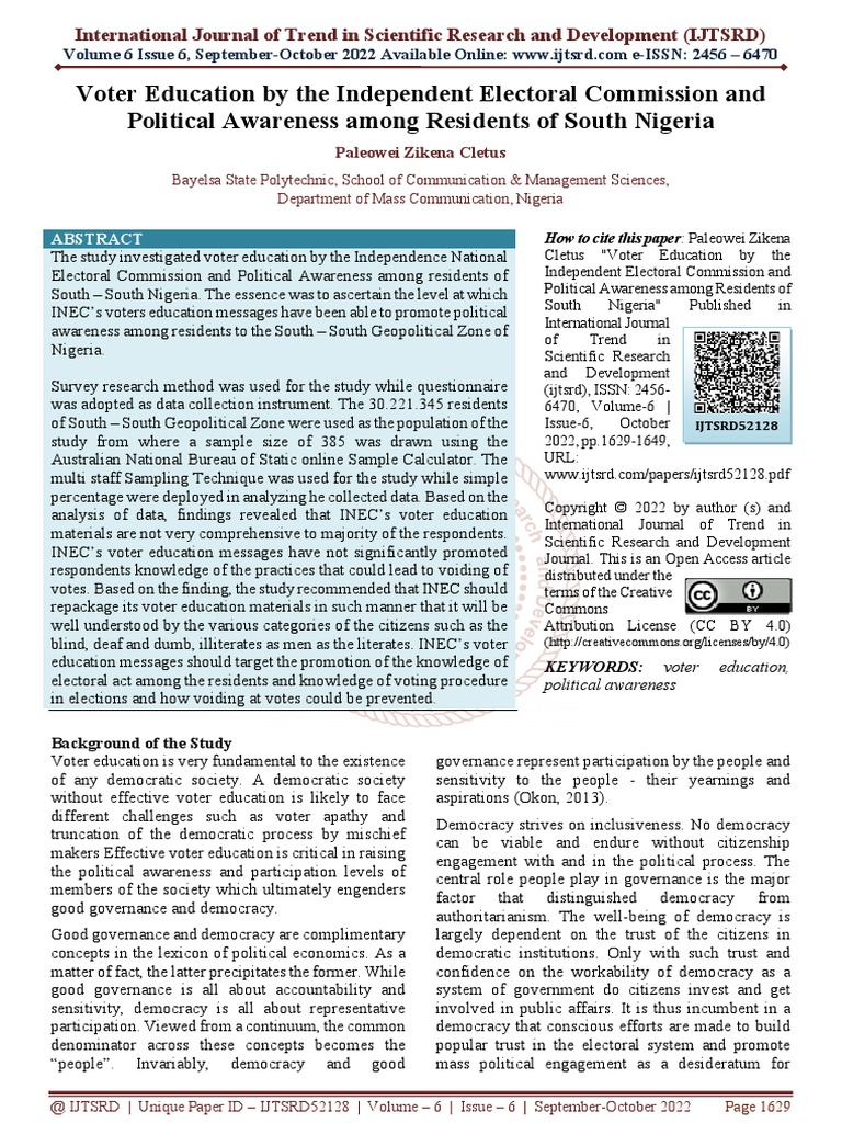 Voter Education by The Independent Electoral Commission and Political Awareness Among Residents ...