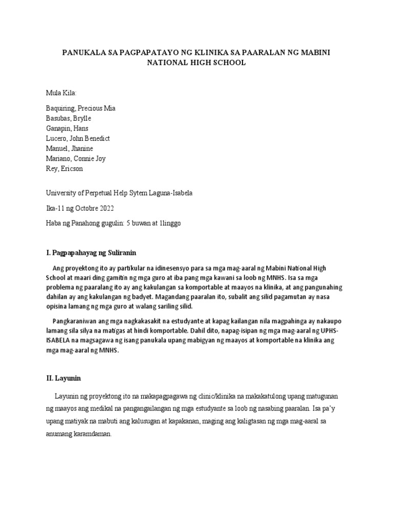 Panukala Sa Pagpapatayo NG Klinika Sa Paaralan NG Mabini National High ...