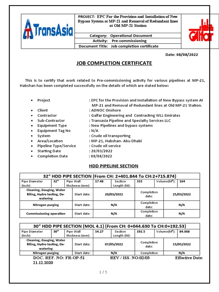 Job Completion Certificate for MP-21 Pipeline | PDF | Pipe (Fluid ...
