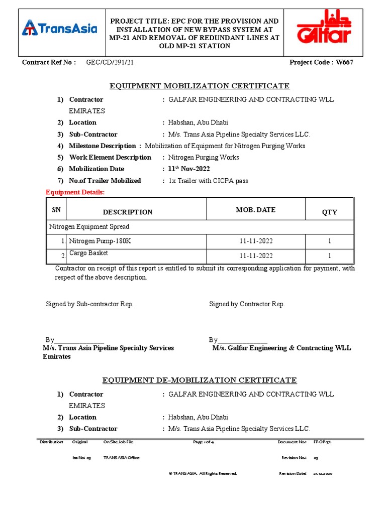 W667 Milestone Completion Certificates Eqpt Mob & Demob | PDF