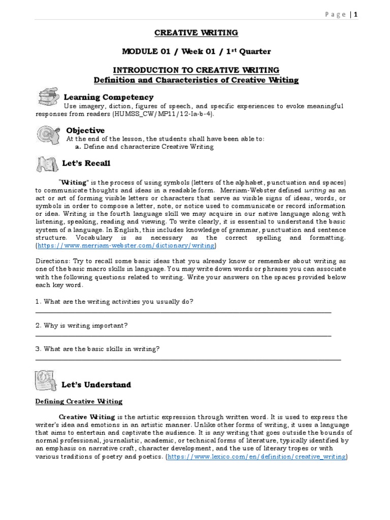 CREATIVE WRITING 11 Quarter 1 Module 1 Week 1 Compressed | PDF | Narration | Word