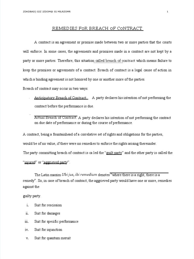 PDF Remedies For Breach of Contract | PDF | Damages | Legal Remedy