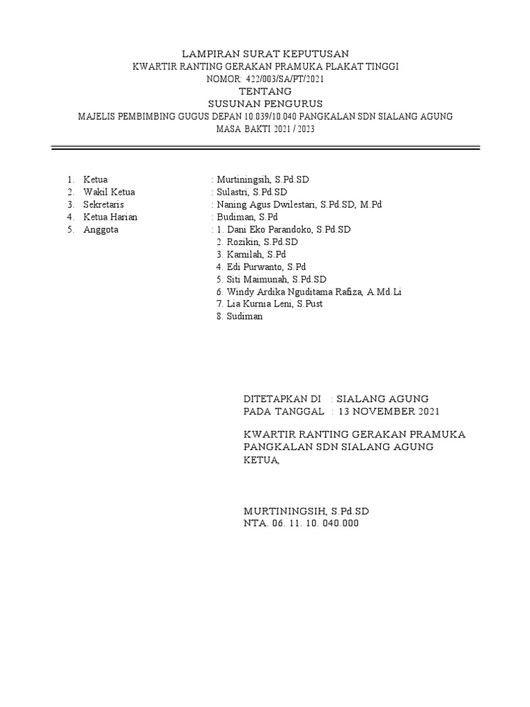 Surat Keputusan Pengurus Gudep SDN Sialang Agung | PDF