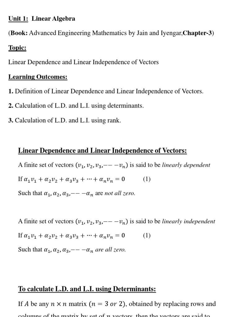 Linear Dependence and Independence of Vectors | PDF | Determinant | Vector Space