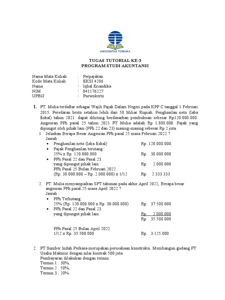 Tugas Tutorial Ke-3 Perpajakan Iqbal Eriandika 041176227 | PDF