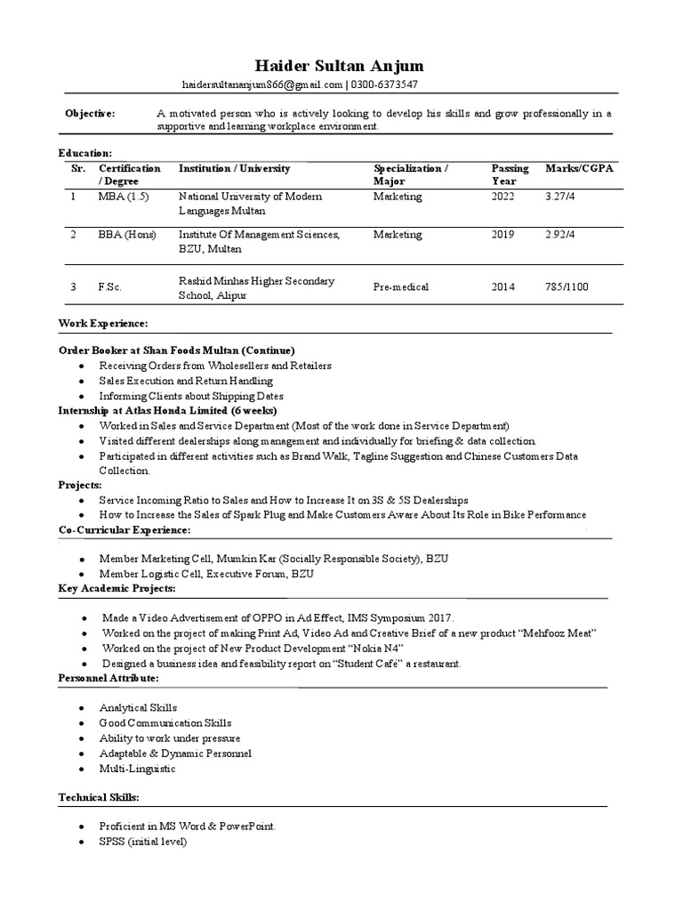 Haider Sultan Anjum CV | PDF | Business | Communication