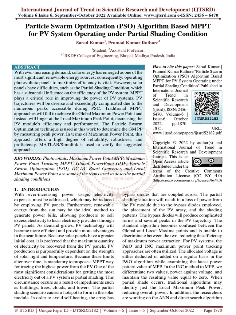 Particle Swarm Optimization Pso Algorithm Based Mppt For Pv System Operating Under Partial 