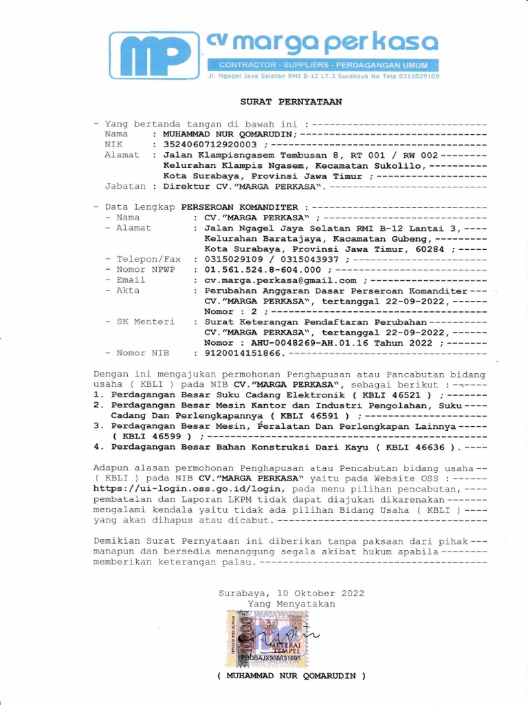 Surat Pernyataan OSS | PDF