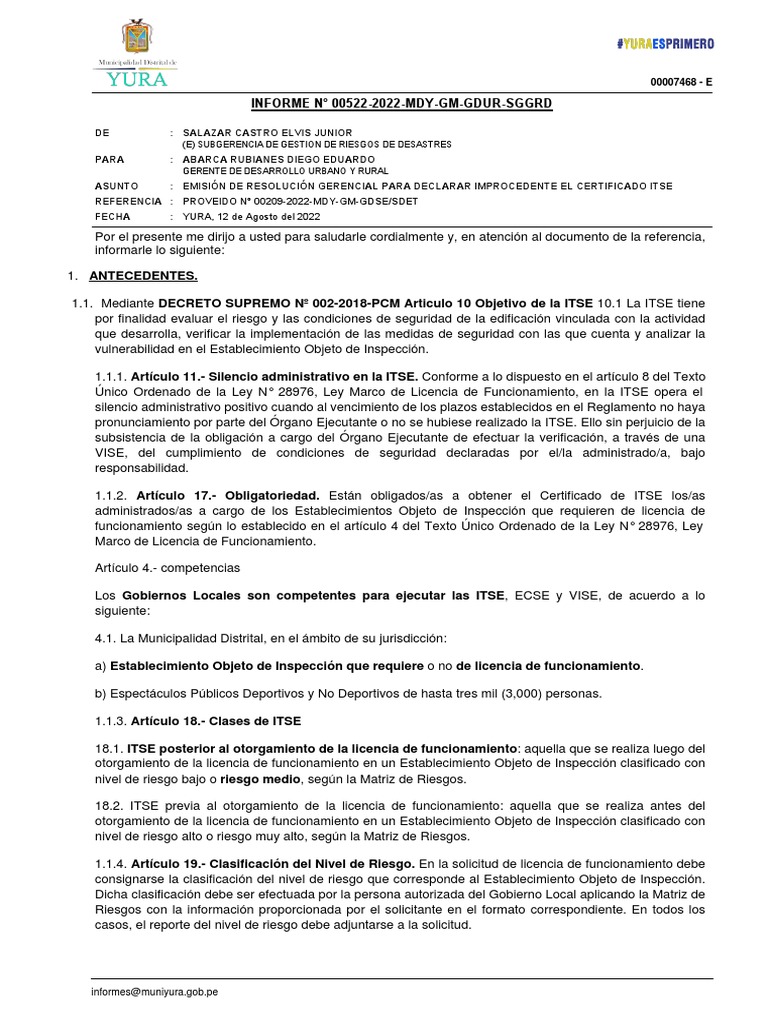 Informe-522 - 2022-08-12 Emisión de Resolución Gerencial para Declarar Improcedente El ...