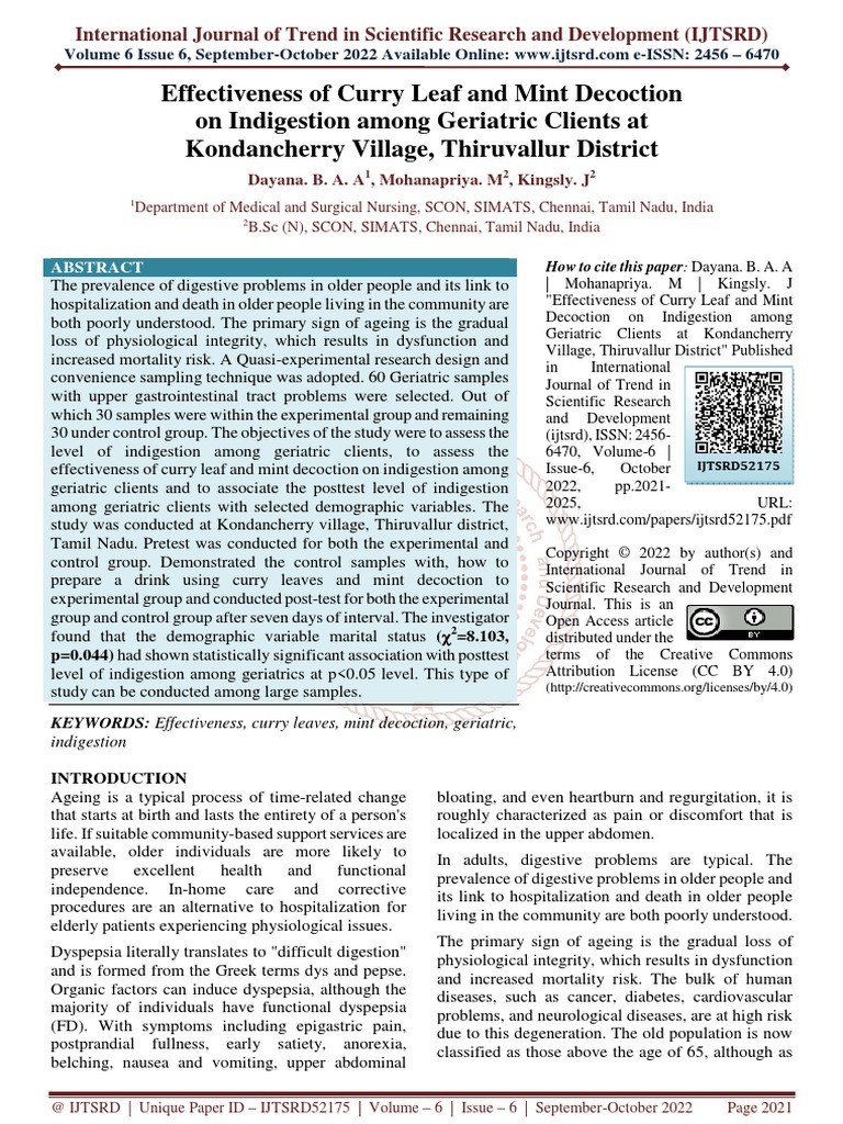Effectiveness of Curry Leaf and Mint Decoction On Indigestion Among ...