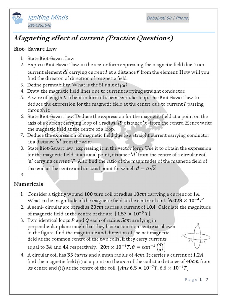 Magnetic Effect of Current (Practice Questions) | PDF | Magnetic Field ...