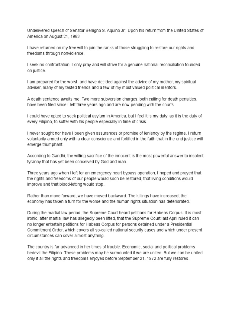 Ninoy Aquino Undelivered Speech | PDF