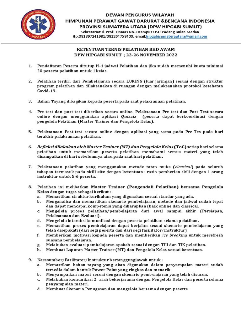 Ketentuan Teknis Dan Jadwal Pelatihan BHD Awam HIPGABI Sumut-RS Bachtiar Jafar Medan 2022 | PDF
