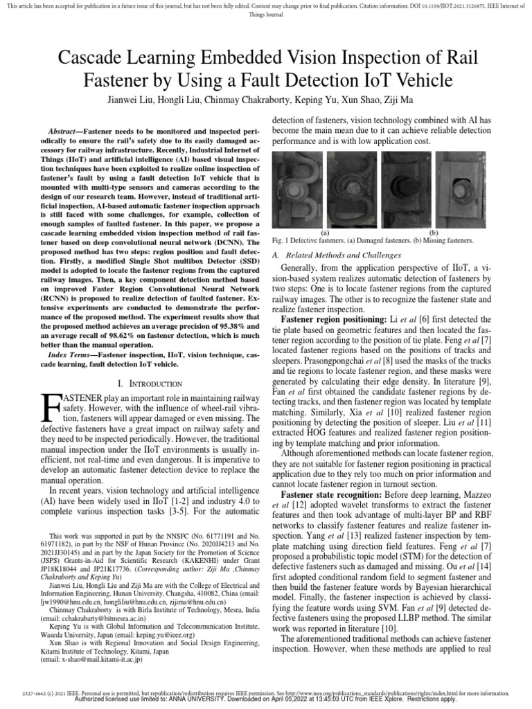 Ieee Journal 2021 Cascade Learning Embedded Vision Inspection Of Rail Fastener