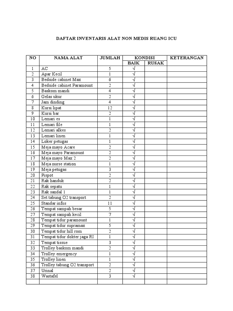 Daftar Inventaris Alat Non Medis Icu | PDF