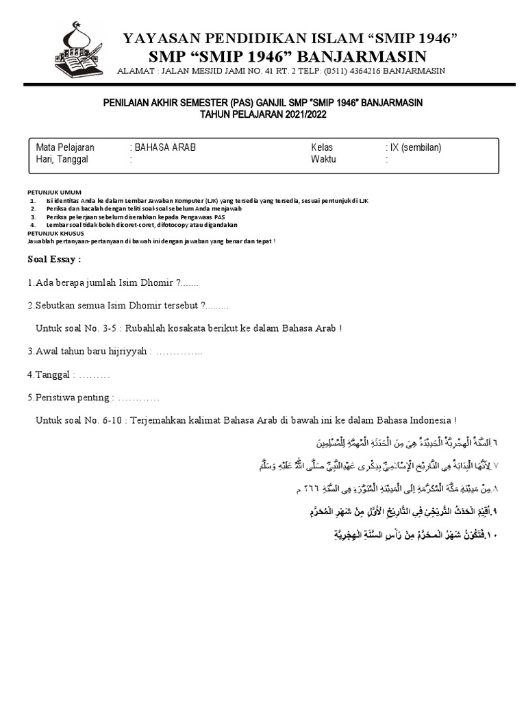 Soal Pas B.arab Kelas 9 | PDF