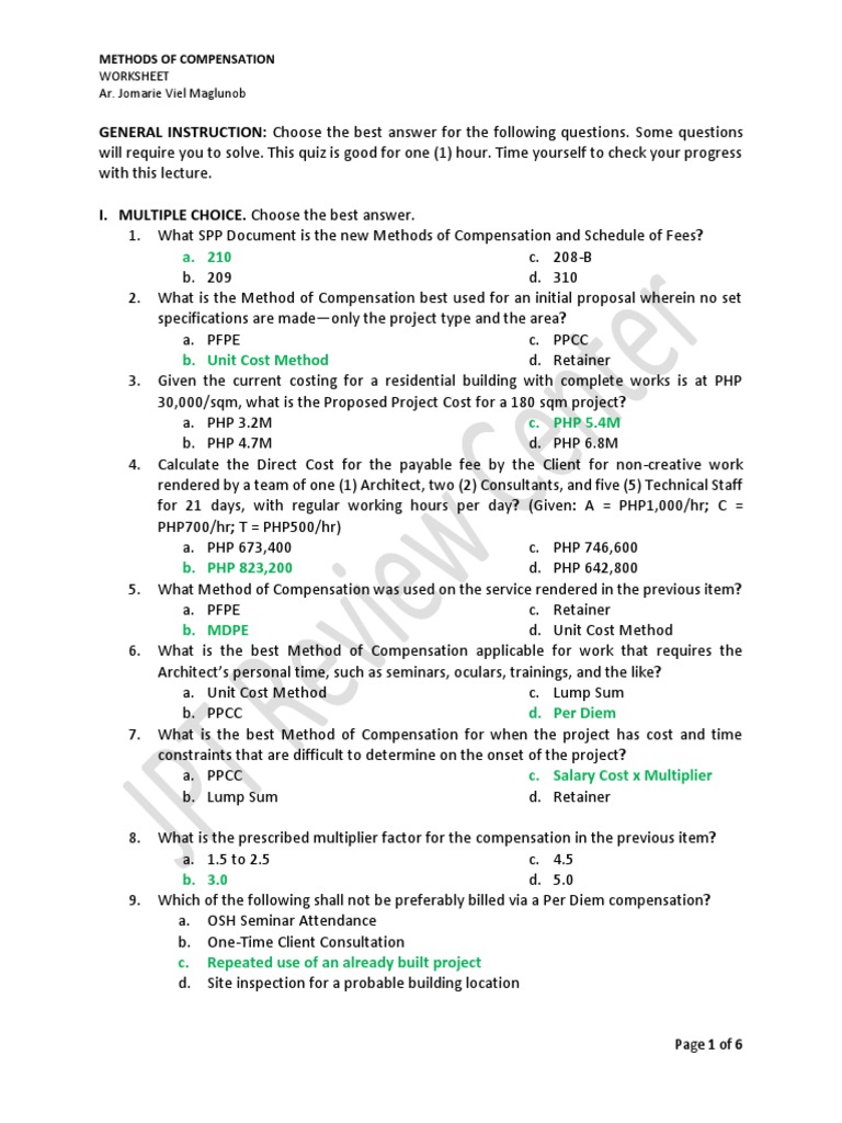 METHODS OF COMPENSATION WORKSHEET | PDF | Architect | Per Diem