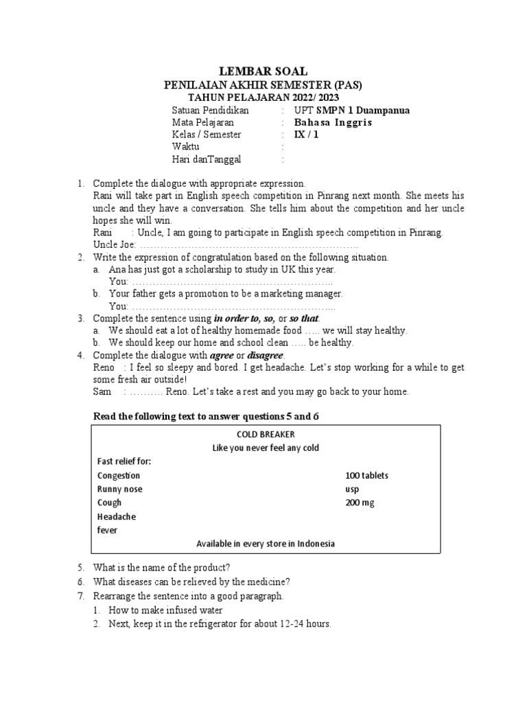 Soal PAS Bahasa Inggris Kelas 9 - Ganjil | PDF