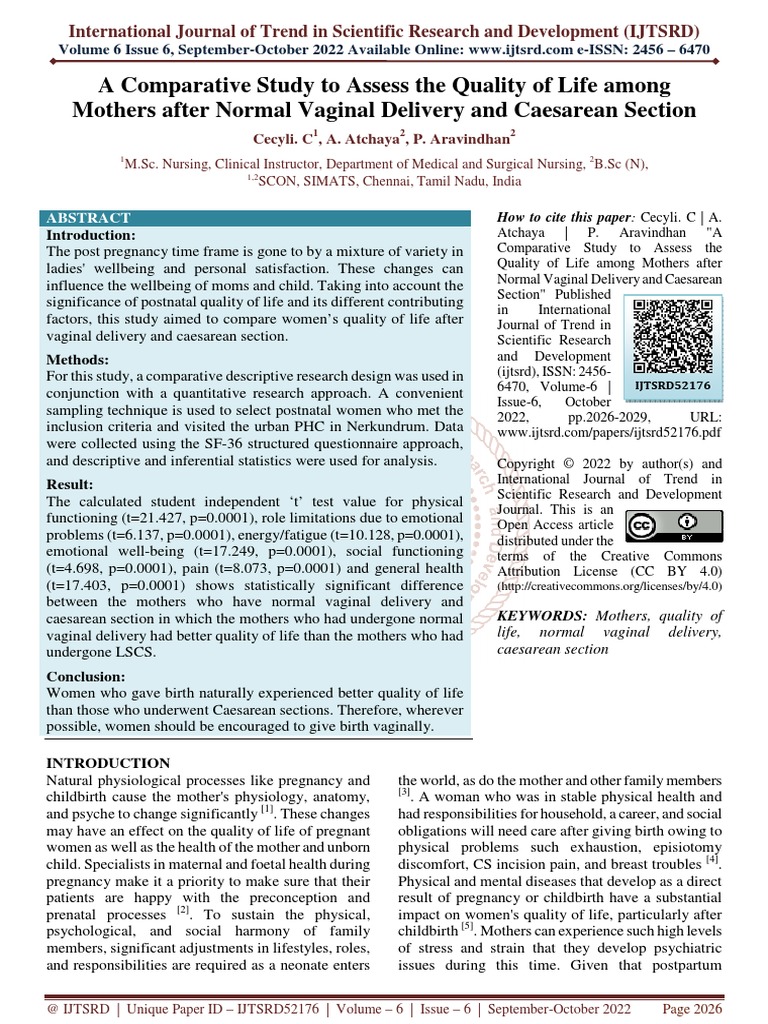 A Comparative Study To Assess The Quality of Life Among Mothers After ...