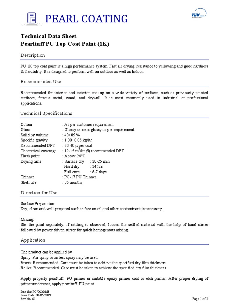 TDS PU Paint 1K | PDF | Paint | Secondary Sector Of The Economy