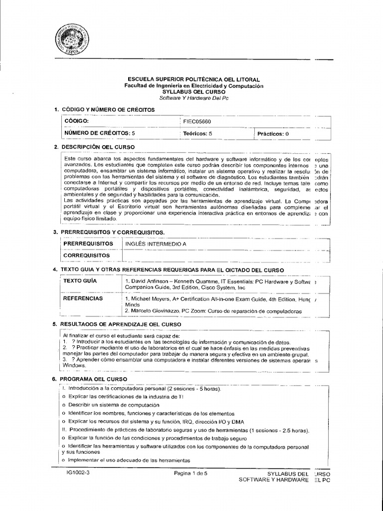 Syllabus de Curso: Software y Hardware PC | PDF