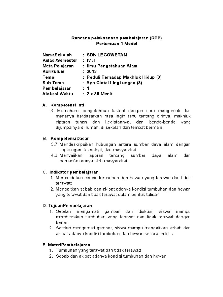 RPP IPA Kelas 4 Tema 3 Subtema 3 pb1 Fix | PDF