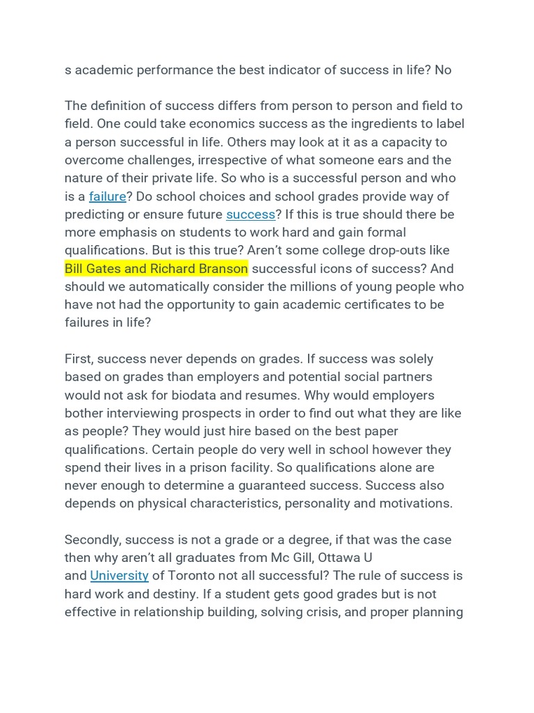 S Academic Performance The Best Indicator of Success in Life | PDF