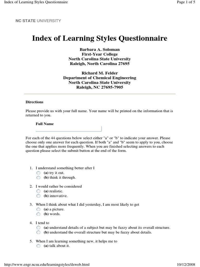 Index of Learning Styles Questionnaire | PDF | Learning Styles | Brainstorming