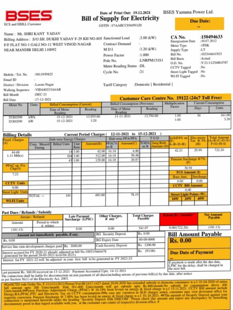BSES Electricity Bill Overview | PDF