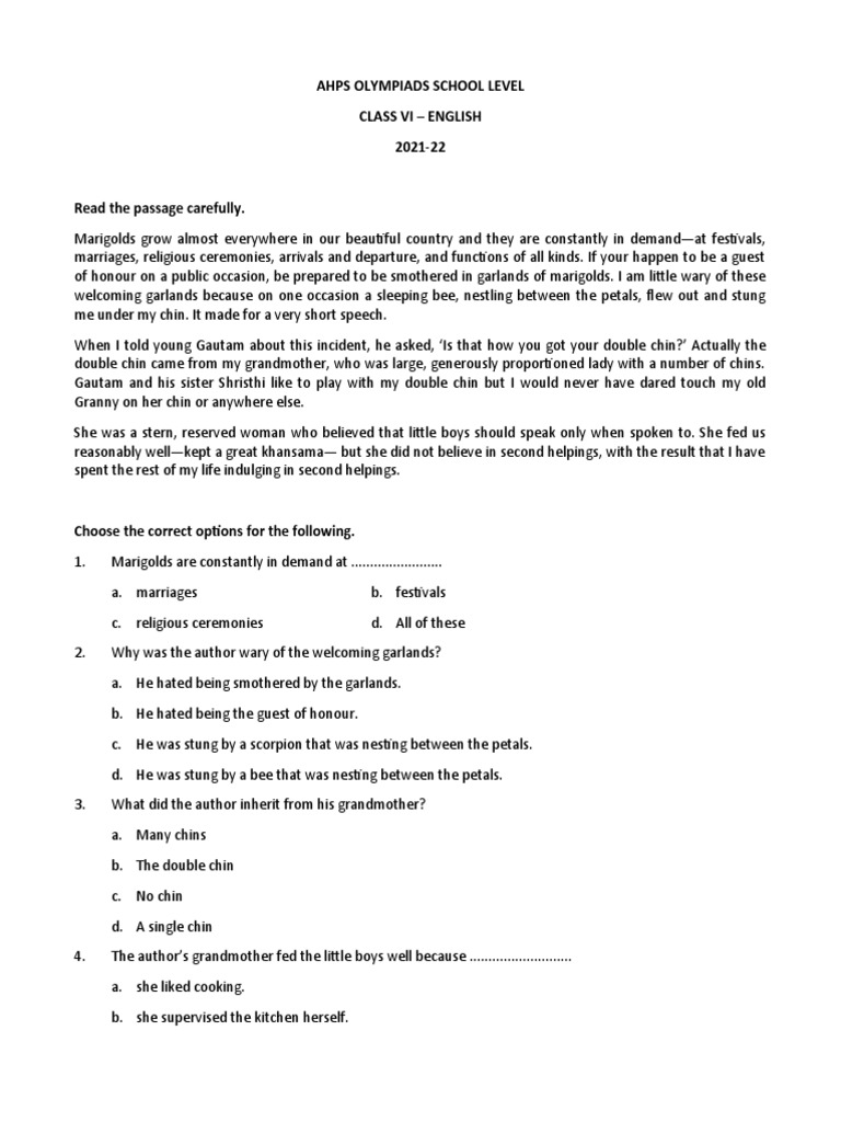 Class 6 English Olympiad Sample Paper | PDF | Verb | Predicate (Grammar)