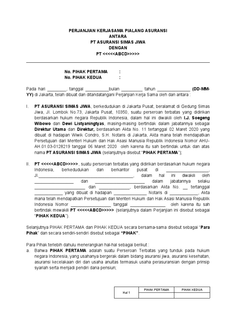 Draft Standar - Perjanjian Kerjasama Dengan Pialang Asuransi (0722) | PDF