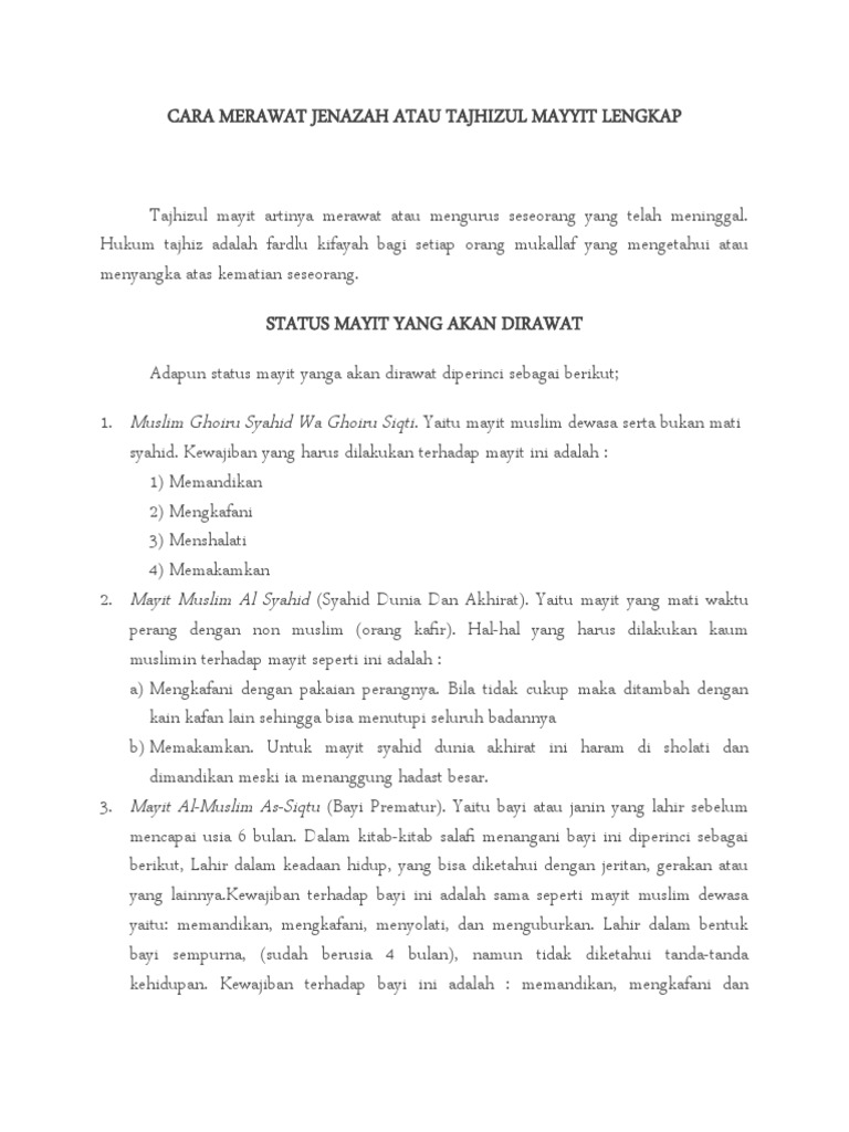 Cara Merawat Jenazah Atau Tajhizul Mayyit Lengkap | PDF