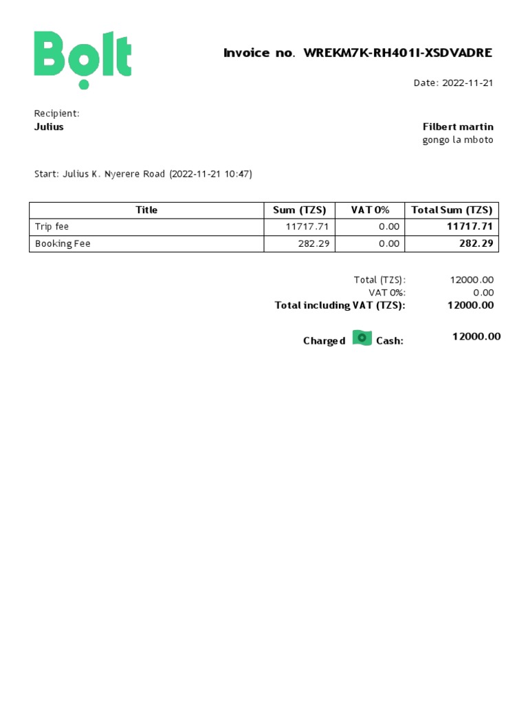 Ride Invoice From Bolt | PDF