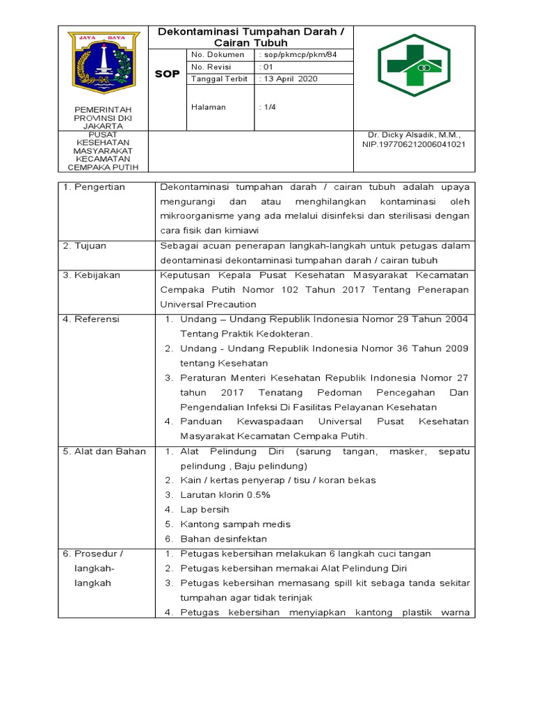 PKM SOP Dekontaminasi Tumpahan Darah Cairan Tubuh-Rev-01-15102020 | PDF