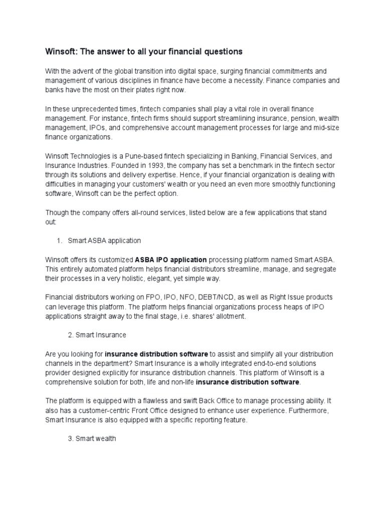 Winsoft: The Answer To All Your Financial Questions | PDF | Financial Technology | Finance ...