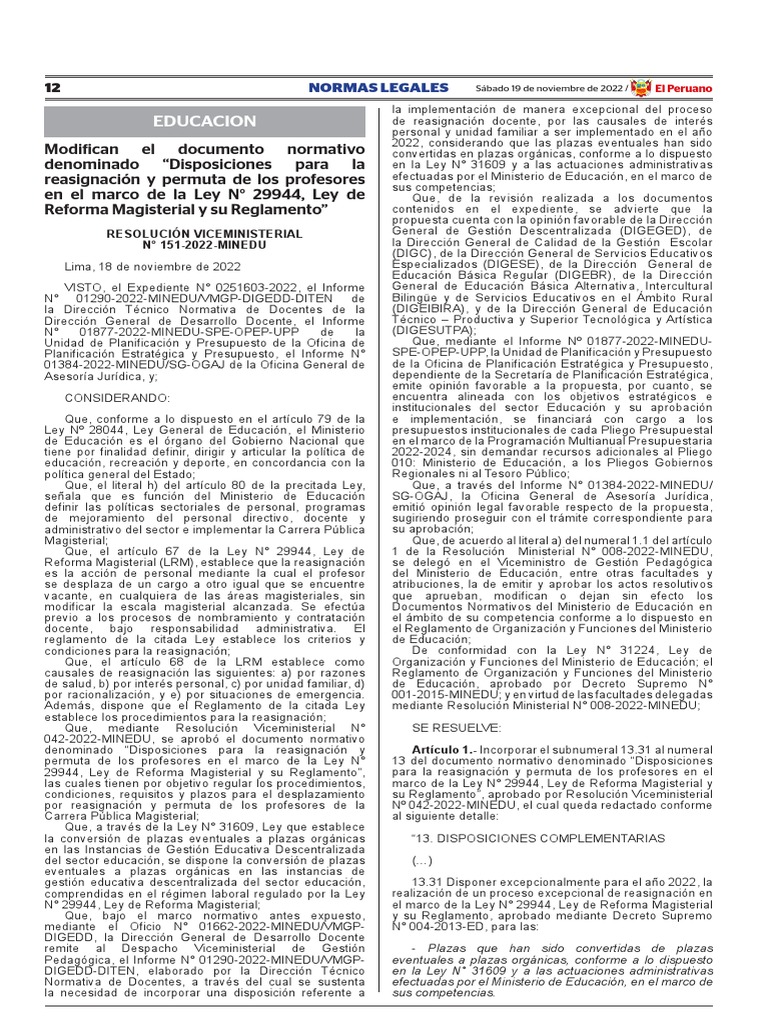 RVM 151 2022 Minedu Reasignaciondocente | PDF | Perú | Policía