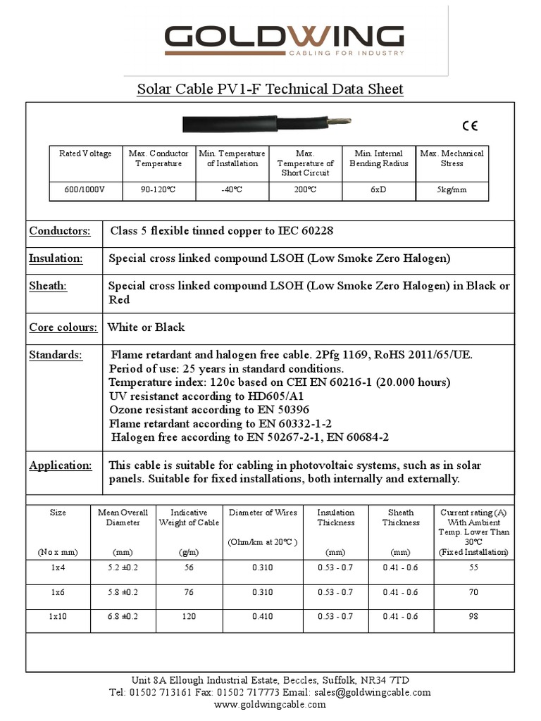Solar PV1 F Cable Technical Data Sheet | PDF | Insulator (Electricity ...