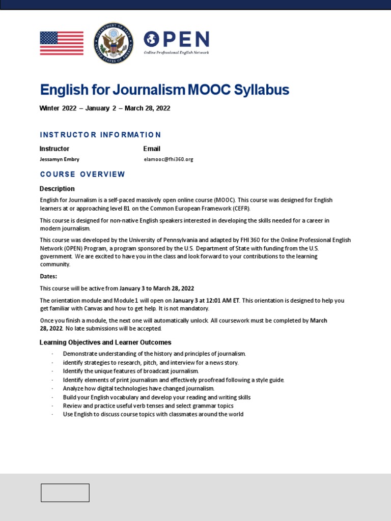 English For Journalism Syllabus 2022 | PDF | Journalism | News