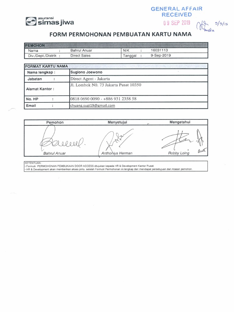 Form Pembuatan Kartu Nama | PDF