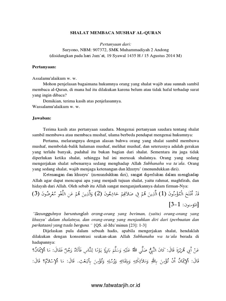 Fatwa 01 2015 Shalat Membaca Mushaf Al Quran | PDF