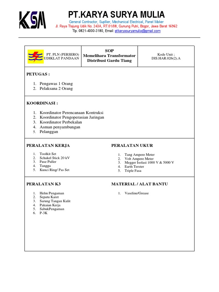 Sop Pemeliharaan Trafo | PDF