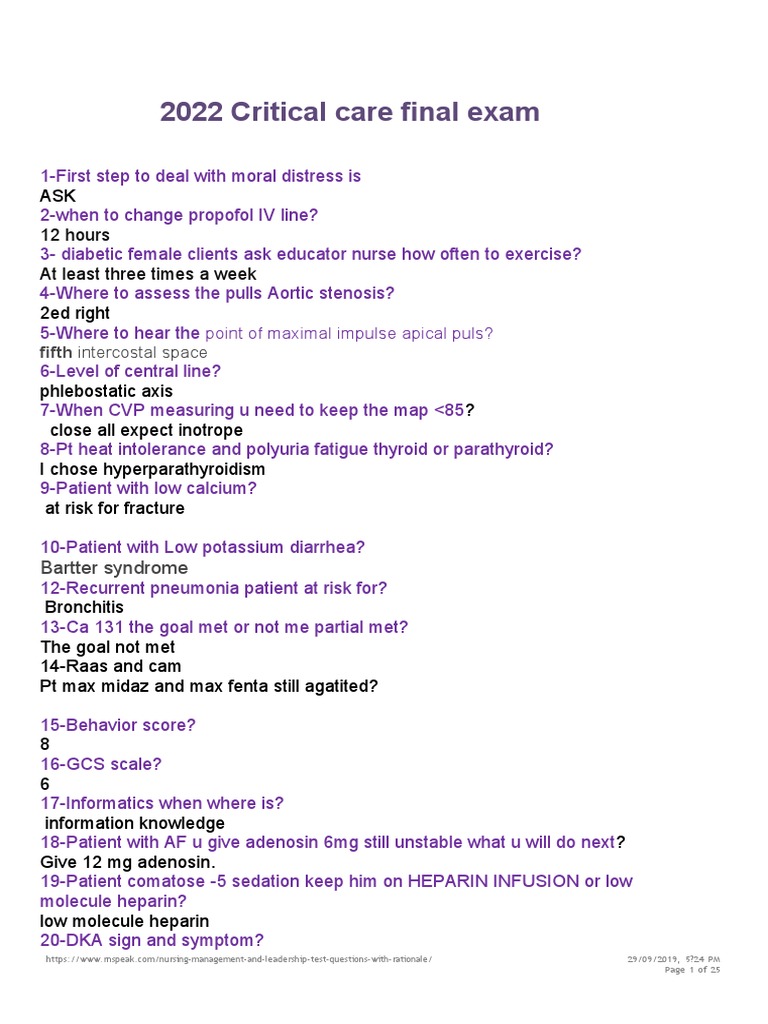 2022 Critical Care Final Exam | PDF | Leadership | Nursing