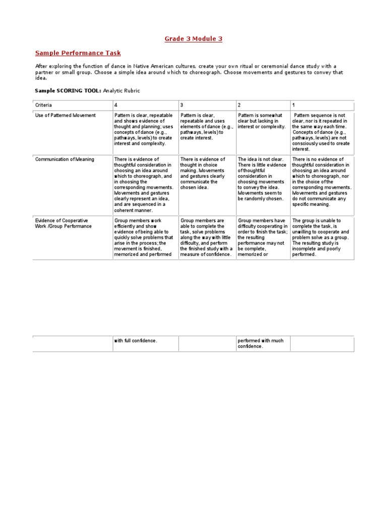 Dance Grade 3 Mod 3 Sample Performance Task and Rubric | PDF